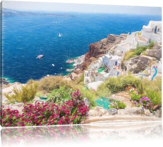 Pixxprint Griechische Küste, Größe: 100x70cm, Leinwandbild, fertig gespannt, Wandbild, Dekoration, Kunstdruck, kein Poster