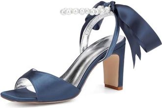 Generic Chaussures De Mariage Femmes Bloc Chunky Mariée Talon Heel Ouvert Bout Hauts Sandales Pearls Décontracté Dress Chaussures 8Cm,Dark Blue,42 EU