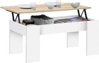 IDMarket Table Basse Plateau relevable rectangulaire Tara Bois Blanc et Imitation hêtre