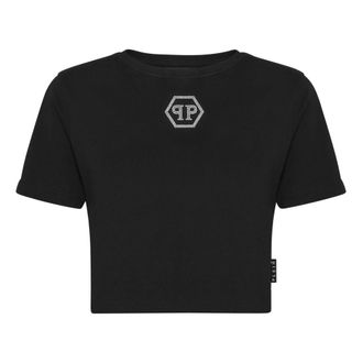 Philipp Plein Femme, Tops, Noir, Taille: 42 FR T-shirt Col Rond MC Hexagone Cristal