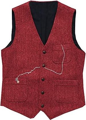 Solovedress Gilet de costume homme Vintage Col V Tweed La laine pour le Mariage Entreprises(Red, M)