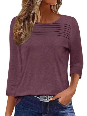 Onsoyours Shirt Damen 3/4 Arm Falten Rundhals Tshirt Leichte Pullover Sommer Herbst Oberteile Casual Tops Basic Shirt A Weinrot XXL