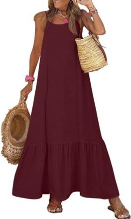 Generic Robe De Plage Femme Ete Robes Longues Femmes &Eacute;t&eacute; Chic Et Elegant Longue pour Fluide Dos Nu Style D&eacute;contract&eacute; Vin Rouge L