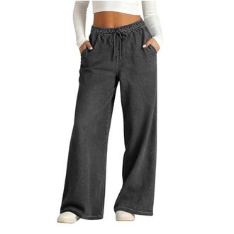 Generic Pantalon de jogging &agrave; jambe large pour femme - Taille haute &eacute;lastique - Pantalon de jogging droit r&eacute;tro d&eacute;lav&eacute; - Pantalon en jean d&eacute;contract&eacute; &agrave; enfile