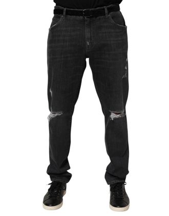 Dolce & Gabbana Mens Black Cotton Slim Fit Distressed Ripped Logo Jeans Blue Clothing