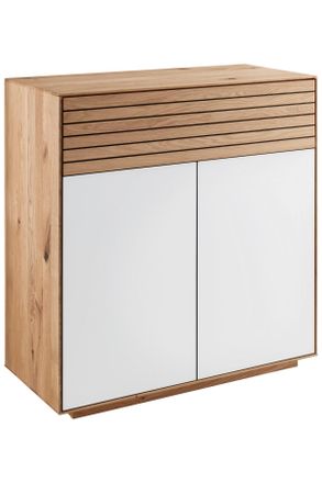 Linea Natura Kommode Riva, Wei&szlig;, Eiche, Holz, Glas, Wildeiche, massiv, 2 F&auml;cher, 1 Schubladen, 80x84x37 cm, Typenauswahl, Beim&ouml;bel erh&auml;ltlich, stehend, Wohnzimmer,