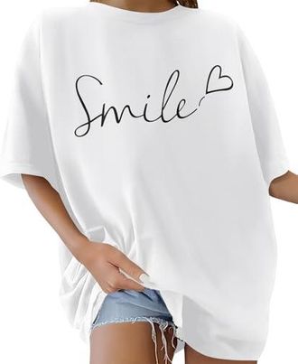Heekpek Lonya Tee Shirt Femme Grande Taille Manches Courtes Dété Coton Lettre Imprimée Tops Elégant Décontractés Chemisiers Oversize Tshirts Smile-Blanc,XL