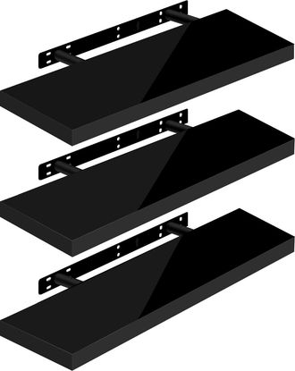 Woltu Wandregal Hochglanz Schwarz 3er Set Schweberegal,70x22.9x3.8 cm, Regal freischwebend, Galeriedisplay, Wanddeko für Wohnzimmer Schlafzimmer Küche, MDF,