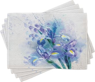 Abakuhaus Aquarell-Blumen Platzmatten, Iris Frische Farben, Waschbare Stoff Esszimmer Küche Tischdekorations Digitaldruck, Ecru Lila