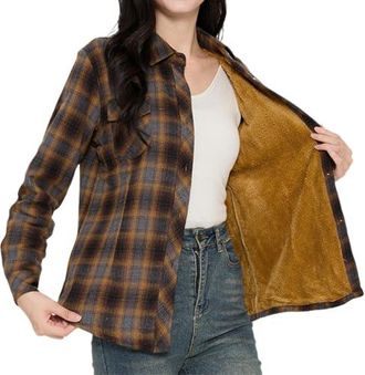 Minetom Hiver Chemise Femme Blouse Manche Longue &agrave; Carreaux Chaud Doubl&eacute; Polaire Tunique Shirt Gilet Veste A03 Marron M
