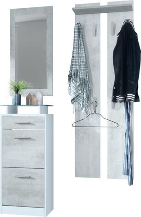 Vladon Garderobenset Garderobe Loret V2 Mini, Korpus in Weiß matt/Front in Beton Oxid Optik