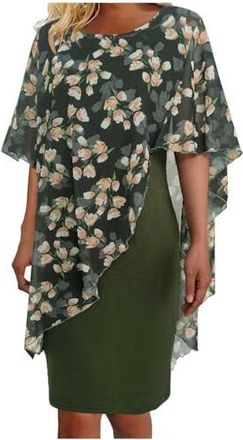 Generic 2026 Robe longue à col rond et manches mi-longues pour femme Imprimé floral irrégulier, Vert, XXL