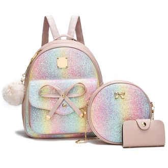 I Ihayner M&auml;dchen Bowknot 3-teiliger modischer Lederrucksack Handtasche f&uuml;r Damen Rucksack f&uuml;r Damen Umh&auml;ngetasche Glitzer Rosa
