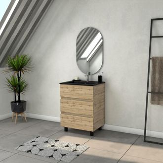 Aurlane Meuble salle de bains 60cm 3 tiroirs chêne naturel + vasque noire et miroir ovale