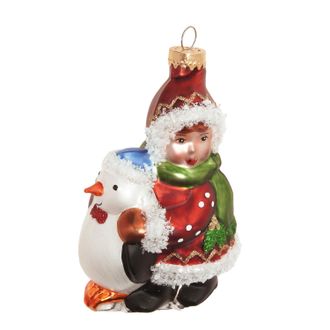 Krebs Glas Lauscha Weihnachtsdekoration/Christbaumschmuck aus Glas - M&auml;dchen mit Pinguin - Farbe: Rot/Wei&szlig; - Gr&ouml;&szlig;e: ca. 12 cm