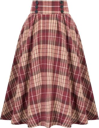 Minetom Damen Midi Faltenrock Kariert Hohe Taille A-Linie Lang Rock Plaid Midi Rock Vintage Swing Rock Rockabilly Skirt B1 Rosenrot L