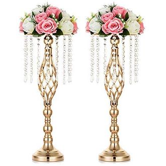 Nuptio Support Fleur Mariage Or: 2 Pi&egrave;ces 55cm Vase Haut Centre de Table Mariage Fleur en Cristal Metal Vases Dor&eacute; Anniversaire Pendaison de Cr&eacute;maill&egrave;re Deco