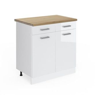 Vicco Meuble Cuisine R-Line, Blanc Haute Brillance, 80 cm PT Ch&ecirc;ne