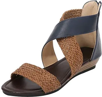 Rismart Sandales Femme Petit Talon Compensé Bout Ouvert Sangles de cheville Lété Plage Boho Bleu,39 EU