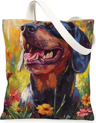 Generic Sac fourre-tout en toile motif chien coonhound printanier, 33 x 38,1 cm, motif fleurs color&eacute;es, sac d&eacute;picerie r&eacute;utilisable, sac &agrave; bandouli&egrave;re pour fem