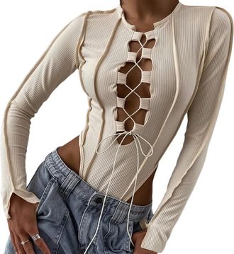 Onsoyours Bodys Damen Rippen Gestrickte Lange H&uuml;lse Krawatte Up Sexy Body Bandage Patchwork Bodycon Club Party K&ouml;rper Frauen Outfit Hohe Taille top A Aprikose S