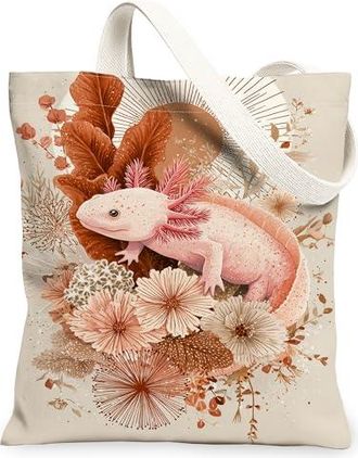 Generic Sacs fourre-tout en toile axolotl floral, inspir&eacute;s de la nature, sacs &agrave; provisions r&eacute;utilisables, art vintage automne, l&eacute;ger, lavable, &eacute;paule S, beige