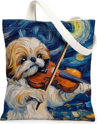 Generic Shih Tzu Sac fourre-tout en toile pour faire du shopping Motif chien 33 x 38,1 cm Motif violon nocturne &eacute;toil&eacute; Sac &agrave; bandouli&egrave;re r&eacute;utilisable pour fem