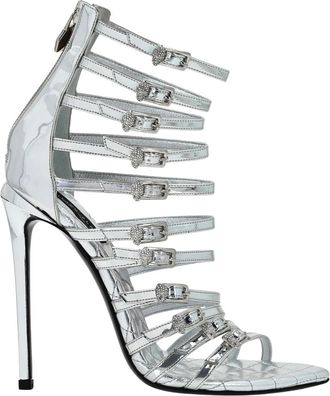 Philipp Plein Femme, Chaussures, Gris, Taille: 37 EU Sandales &agrave; Talons Hauts en Cuir Miroir T&ecirc;te de Mort