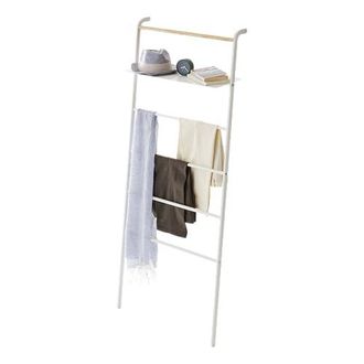 Yamazaki Tableware 3871 Tower Leaning Ladder Hanger with Shelf, White, Steel/Wood, 66 x 30~38 x 160 cm