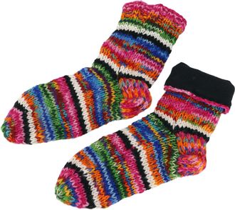 Guru Shop Handgestrickte Gef&uuml;tterte Schafwollsocken, Bunte Haussocken, H&uuml;ttensocken, Nepal Socken - Bunt, Herren/Damen, Wolle, Size:L (41-43)