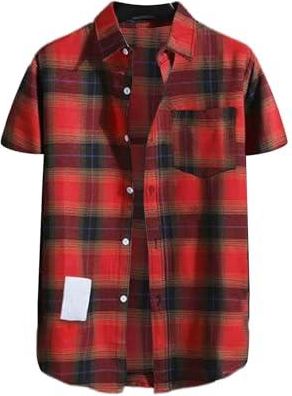 Generic Chemise &agrave; manches courtes pour homme, chemise boutonn&eacute;e &agrave; carreaux color&eacute;s, tendance et polyvalente, haut &agrave; revers &agrave; bouton-pression, haut d&eacute;t&eacute; l&eacute;ger,