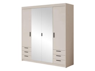 Mirjan24 Kleiderschrank Elena 4D6S mit Frontspiegel und 6 Schubladen, Dreht&uuml;renschrank mit Kleiderstange und 9 Einlegeb&ouml;den, Schlafzimmerschrank (Beige, Ohne S