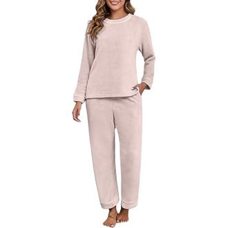 Generic Ensemble de pyjama en polaire pour femme, ensemble de pyjama chaud doux et moelleux, col rond, manches longues et pantalon thermique, v&ecirc;tements de nui