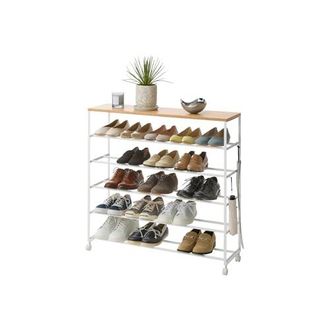 Yamazaki Tableware Yamazaki 1465 Tower 5-st&ouml;ckiges Schuhregal mit Holzablage und Rollen, wei&szlig;, Stahl/Holz/Nylon, minimalistisch, 26 x 90,5 x 87 cm