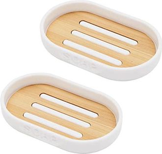 Amare Seifenschale 2er-Set Seifenhalter aus Bambus 12,3 x 9,3 x 2,5 cm, weiß