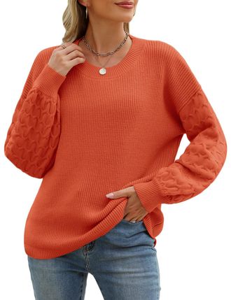 Heekpek Damen Pullover Herbst Winter Elegante Rundhals Langarm Strickpullover Warme Weich Winterpullover Damenpullover Lose Strick Pullover, Orange, XL