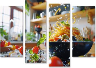 Islandburner Bild auf Leinwand Spaghetti mit fliegenden Zutaten in der K&uuml;che f&uuml;r K&uuml;che Liebhaber Restaurant Bilder Wandbilder Poster