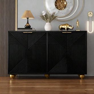 Generic Sideboard mit 4 geformten Türen & verstellbaren Böden - Metallgriffe, kugelförmige Beine, Flexibler Stauraum (Black)