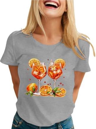 Generic T-shirt d&eacute;contract&eacute; pour femme avec col rond et imprim&eacute;, manches courtes, gris, XXL