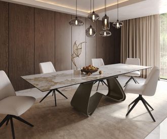 DELIFE Esstisch Edge 200-300x100 Keramik Minas Melange Wei&szlig;-Beige W-Gestell Effektfinish Titan Ausziehbar, Esstische