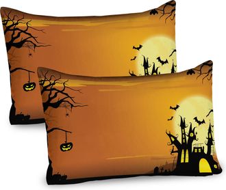Abakuhaus Halloween Kissenbezug Packung mit 2, Gothic Spukhaus Flederm&auml;use Western Spooky Night Scene mit K&uuml;rbis Zeichnung Kunst, Dekorativer Gedruckter Kissenb