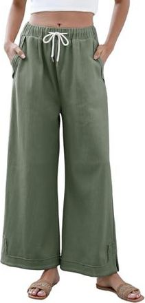 Generic Pantalon en lin d&eacute;contract&eacute; pour femme - Jambes larges - Pantalon de yoga taille haute avec cordon de serrage, Vert, L