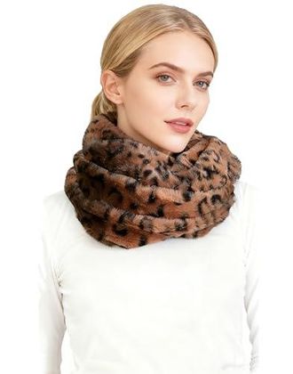 Lina & Lily &Eacute;charpe Loop Snood Femme Hiver Motif L&eacute;opard en Fausse Fourrure (L&eacute;opard Brun Noir)