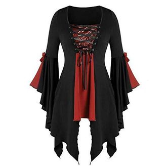 Generic Blouses Noeud Femme Manches Plus Dentelle Gothique Chemisier Femme Haut Pailin&eacute; Grande Taille Hauts Top Paillet&eacute; Femme, rouge, 5XL