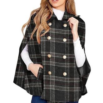Generic Cape dhiver &agrave; carreaux pour femme, cape &agrave; double boutonnage avec poches pour femme, veste dhiver &agrave; carreaux, Noir, XXL