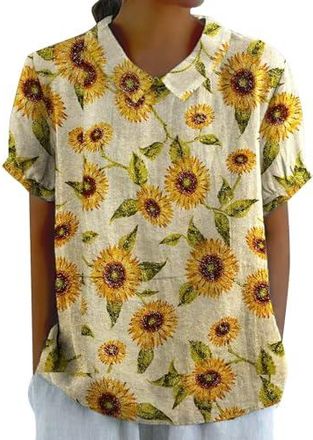 Generic Chemise Femme Chic et élégant Chemisiers et Blouses Femme dété Revers Col Rond à Manche Courte Tops Fleurie Respirant T-Shirt Grande Taille Pas Cher D