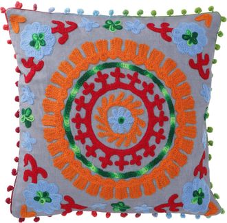 Guru Shop Boho Kissenh&uuml;lle, Farbenfrohes Besticktes Folklore Kissen im Mexikanischem Style - Taubenblau/rost, Baumwolle, 40x40 cm