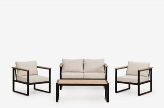 Sklum Gartenset mit einem 2-Sitzer-Sofa, 2 Sesseln und einem Couchtisch aus Aluminium und Lipov-Akazienholz. Schwarz