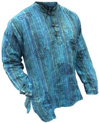 Shopoholic Fashion Unisex Stonewashed Gestreiftes, Leichtes Hippie-Opa-Hemd, Turquoise, 3XL