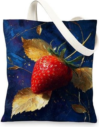 Generic Sacs fourre-tout en toile motif fraise, sacs dépicerie réutilisables, élégants et légers et lavables avec bandoulière pour salle de sport, voyage, pla